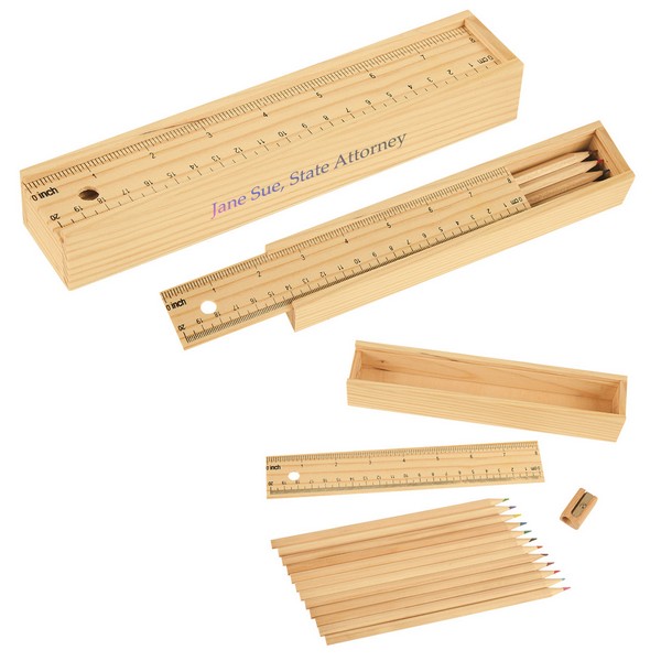SH457 Colored Pencil Set In Wooden Ruler Box With Custom Imprint