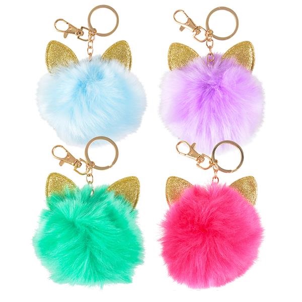 KR78762 Furry Cat Ear Pom Pom Keychain