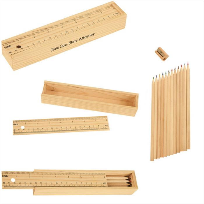 SH457 Colored Pencil Set In Wooden Ruler Box With Custom Imprint